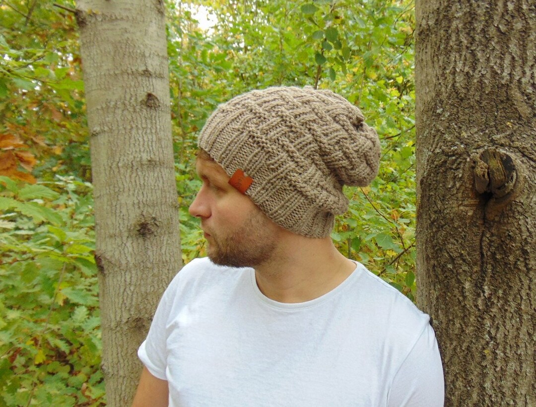 Beige Alpaca Wool Mens Hat Hand Made Winter Beanie Brown Men Knitted ...