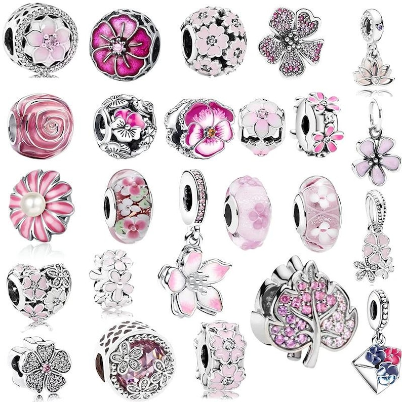 Sparkling Pink Flowers Series Cherry Blossom Daisy Charm Beads Fit ...