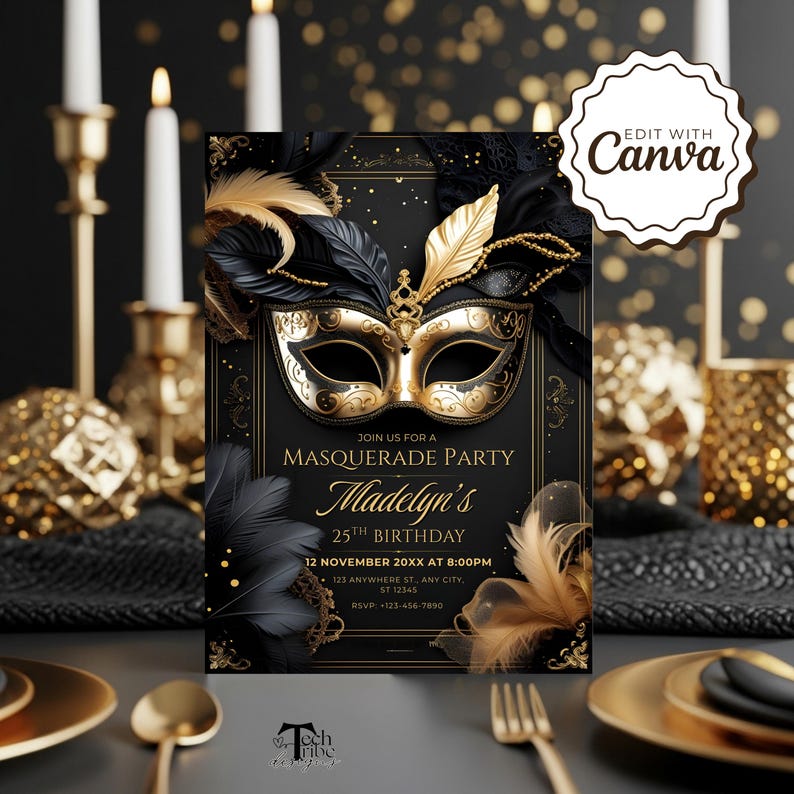 Masquerade Ball Invitation, Editable Birthday Party Invite Template ...