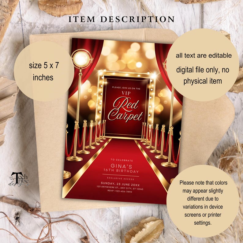 Red Carpet Invite, Red Carpet Birthday Invitation, Hollywood Theme ...