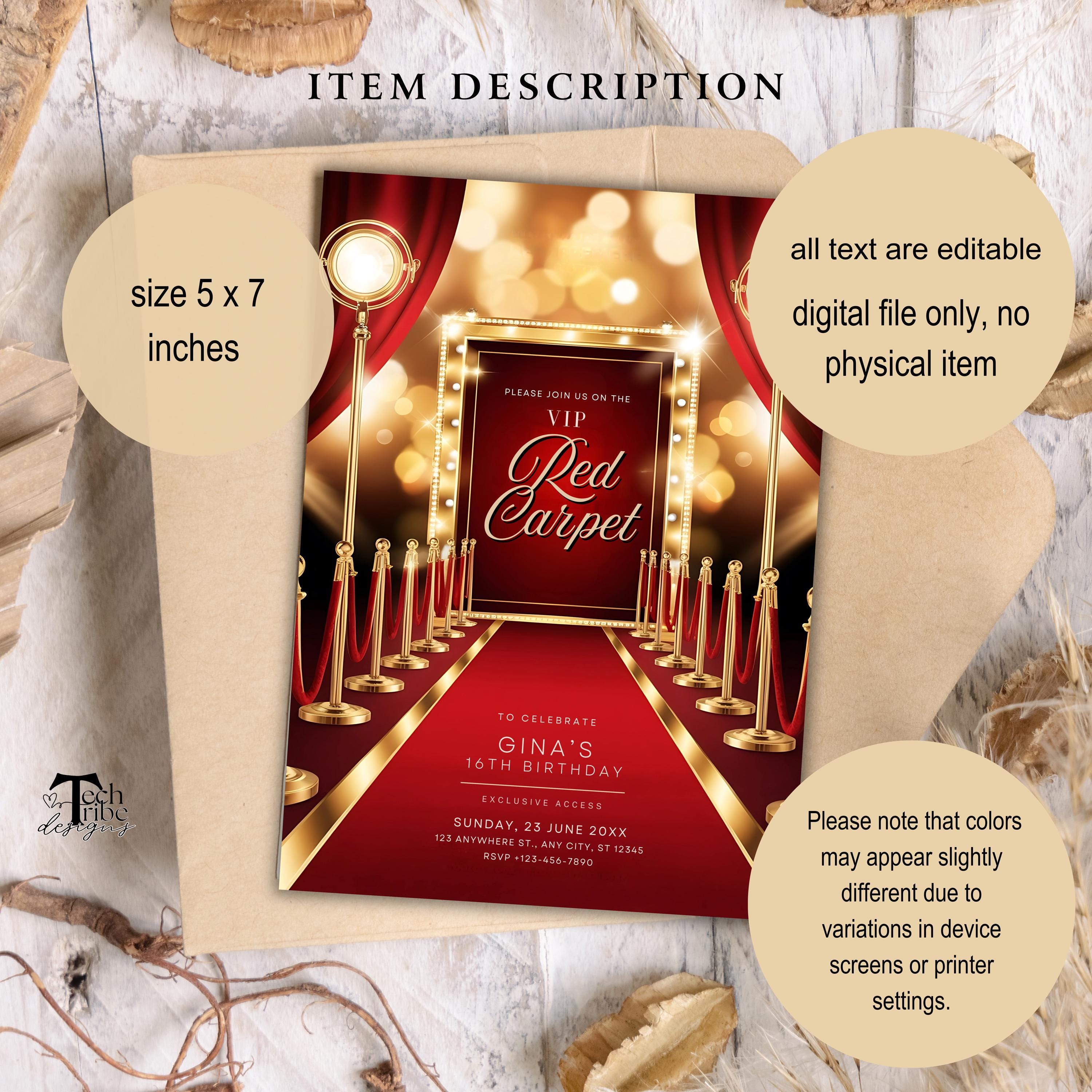 Red Carpet Invite, Red Carpet Birthday Invitation, Hollywood Theme ...