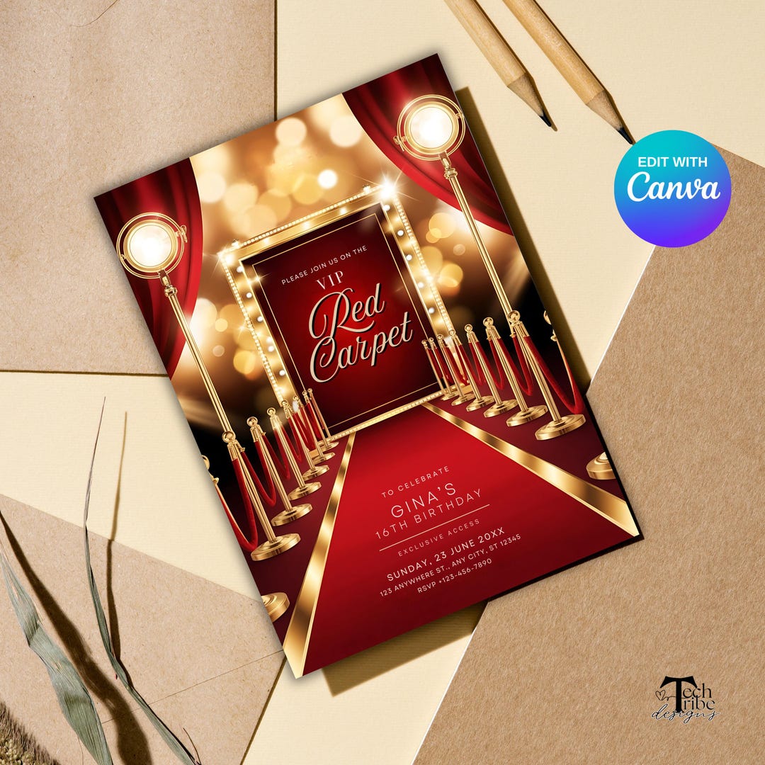 Red Carpet Invite, Red Carpet Birthday Invitation, Hollywood Theme ...