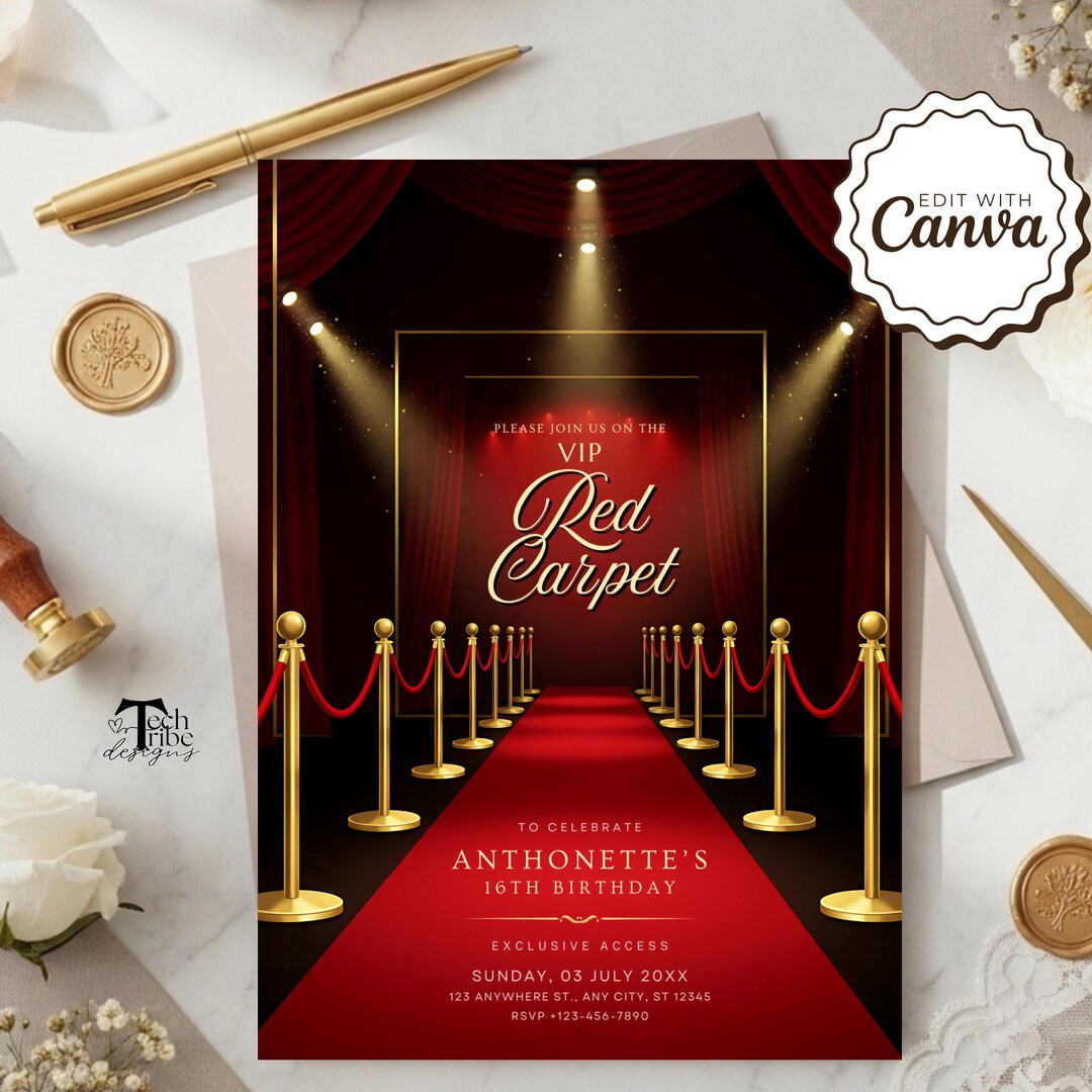 Red Carpet Birthday Invitation, Hollywood Theme Party Invite Red Carpet ...