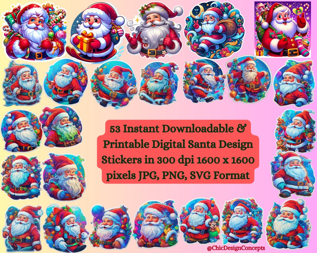 53 Instant Downloadable & Printable Digital Santa Design Stickers in ...