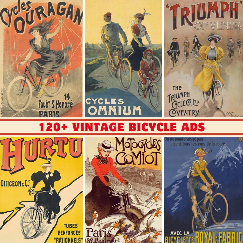 Vintage Bicycle Ad Collection: 120+ Retro Cycling Posters (300 DPI ...