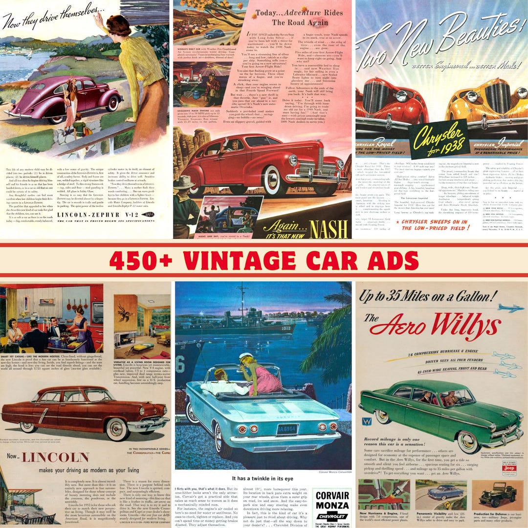Vintage Car Ads Collection: 450+ Retro Automotive Illustrations (300 ...