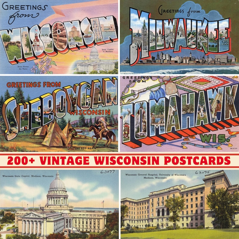 200+ Vintage Wisconsin Postcard Collection: 300 DPI Printable (digital ...