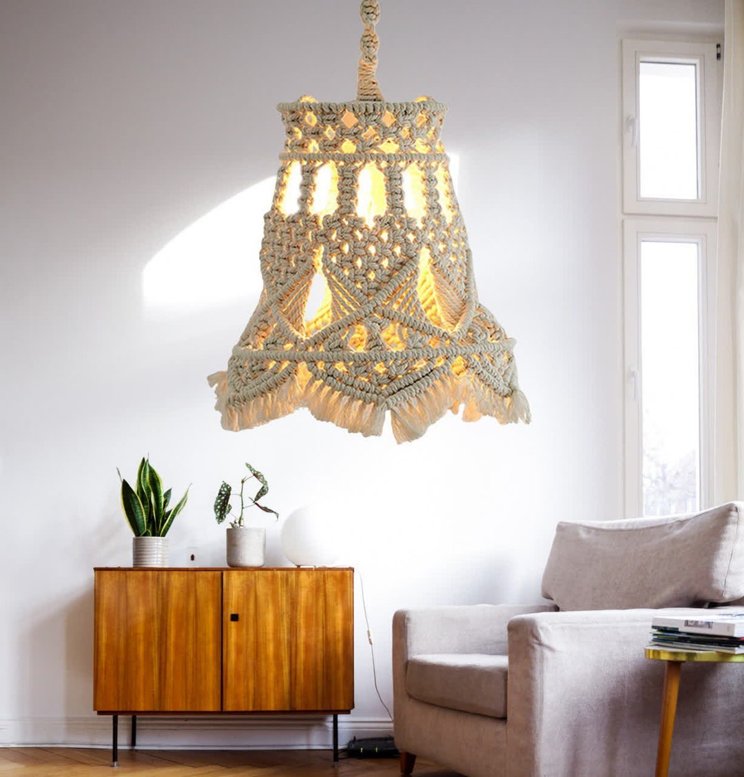 Macrame Pendant Shade. Room Decor Ceiling Lamp. Home Light Fixture ...