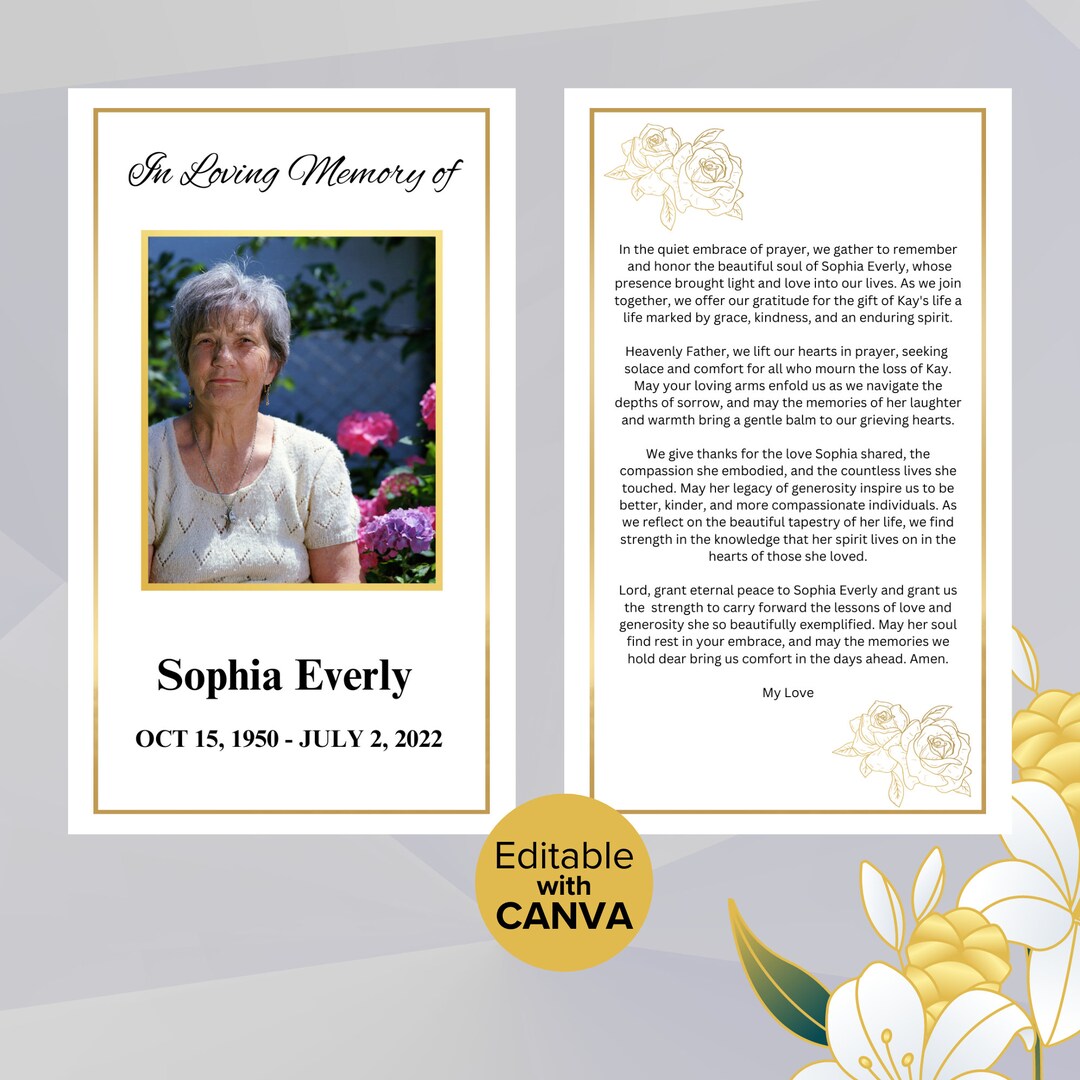 Funeral Card Funeral Prayer Card Template Memorial Cards for Obituary ...