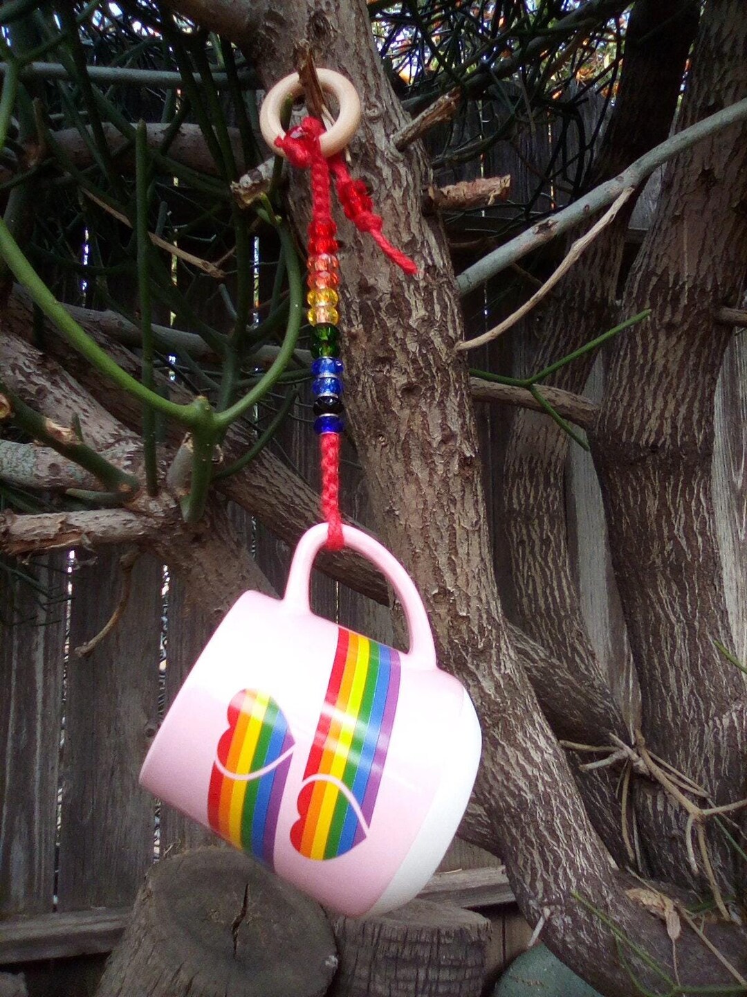 Rainbow Mug Bird Feeder: Upcycled Mug, Macrame Hanging Birdfeeder - Etsy