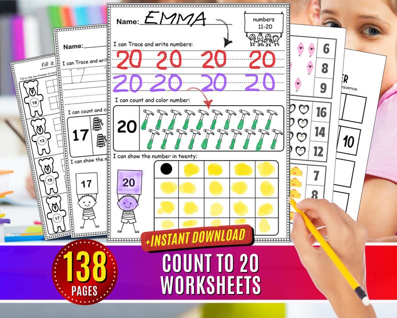 Count to 20 Worksheets, Learning Counting 1 to 20 Math Kids, Tracing ...