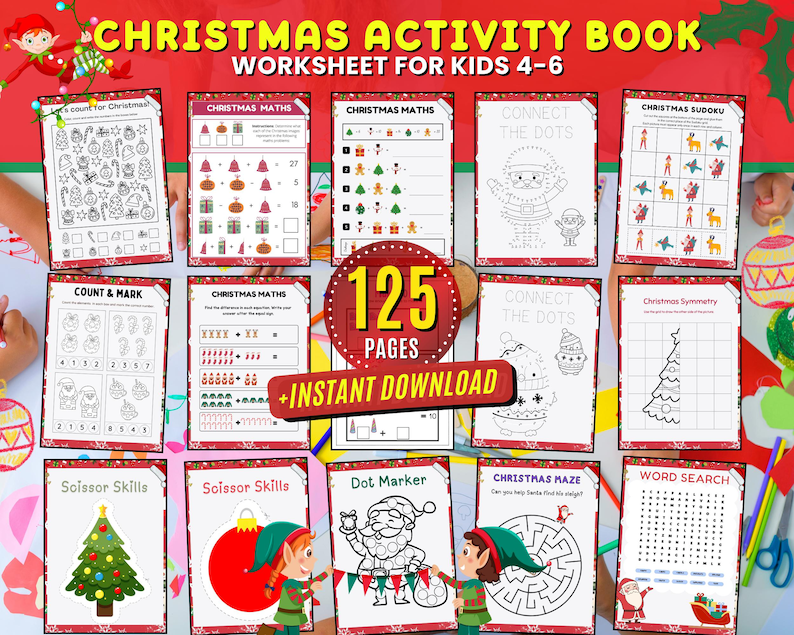 Christmas Activity Book Printable Worksheet Fun Coloring Page for Kids ...