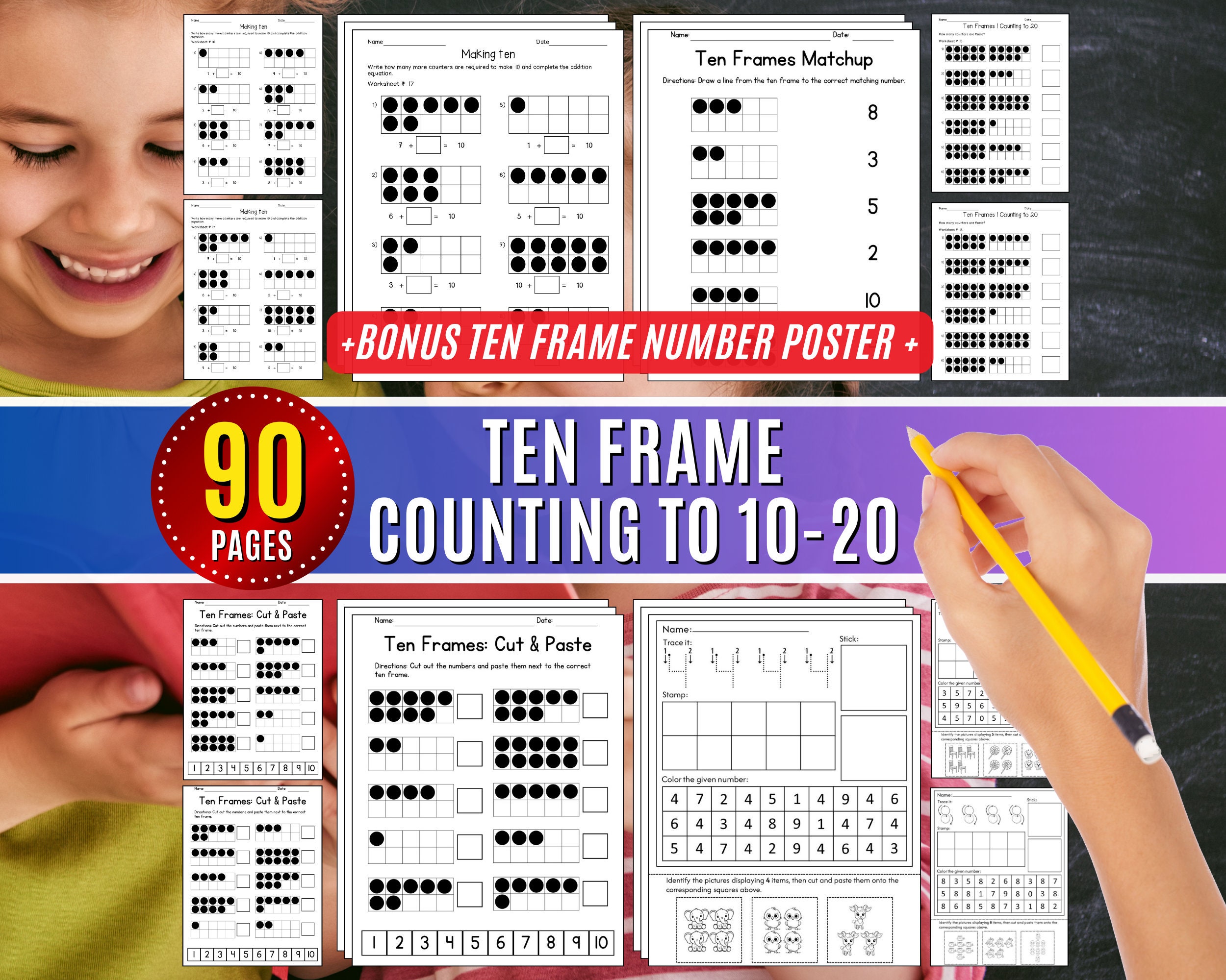 Ten Frame Printable Worksheet Counting to 20 Learning Visual Count 1-20 ...