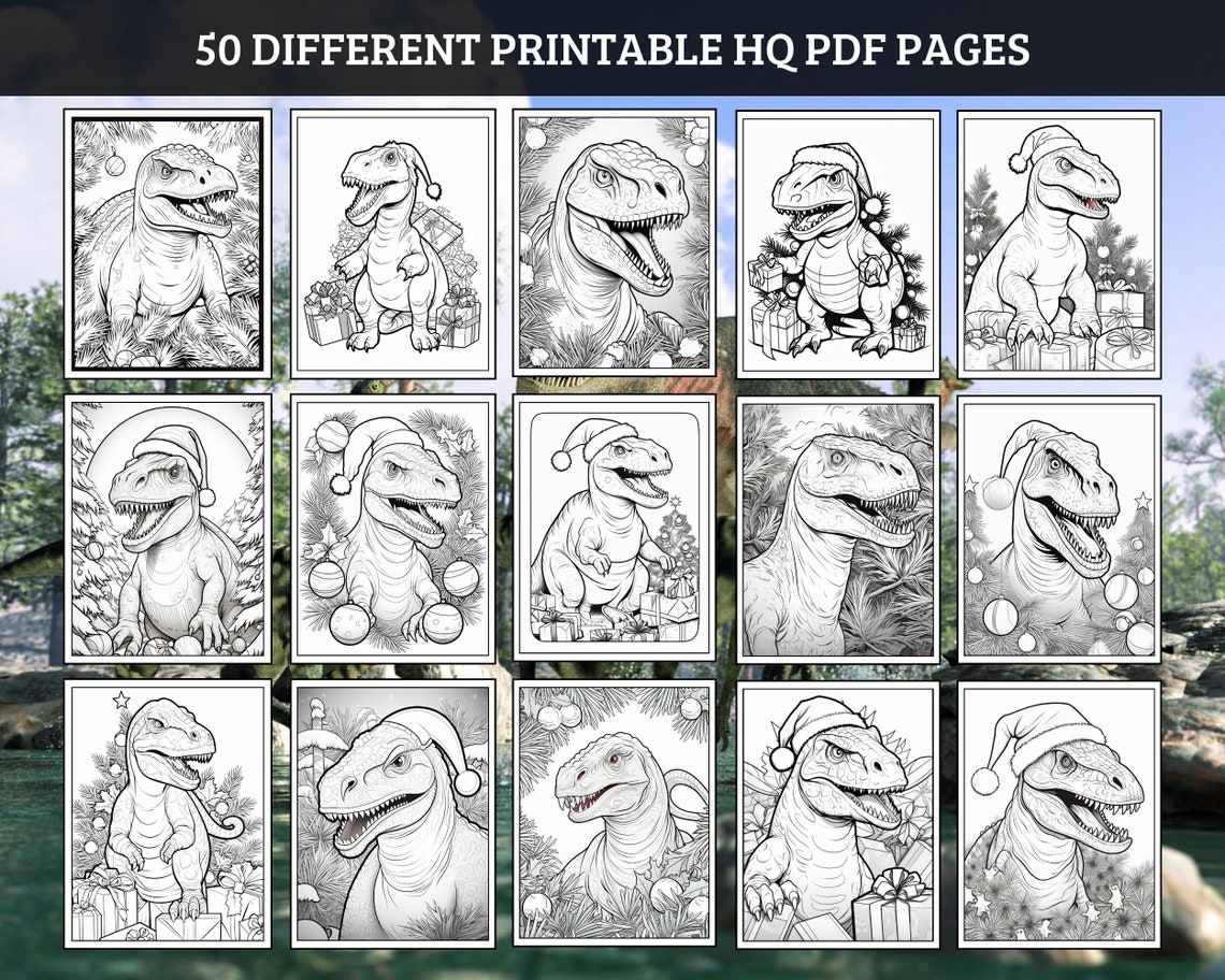 50 Christmas Dinosaur Coloring Pages Sheet Printable for Adult, Dino ...