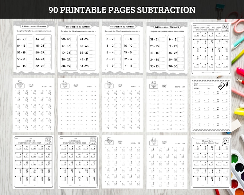 90 Subtraction Worksheet Printables, 1 2 Digit Practice Math ...