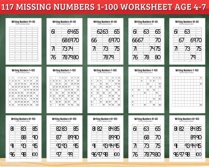 Missing Numbers Worksheets 1-100 Sequence Counting Practice Number ...