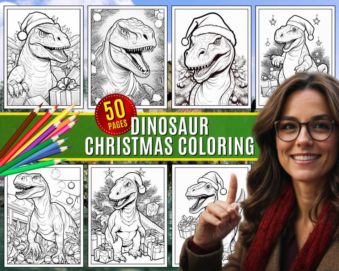 50 Christmas Dinosaur Coloring Pages Sheet Printable for Adult, Dino ...