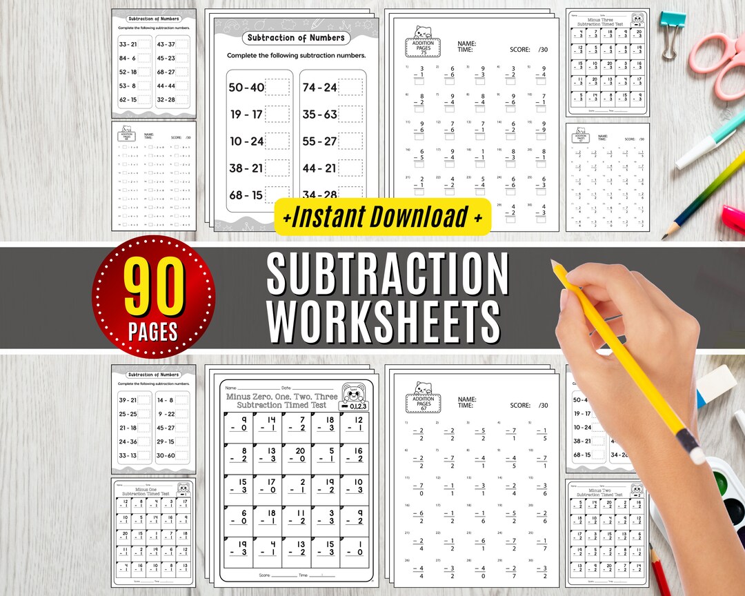 90 Subtraction Worksheet Printables, 1 2 Digit Practice Math ...