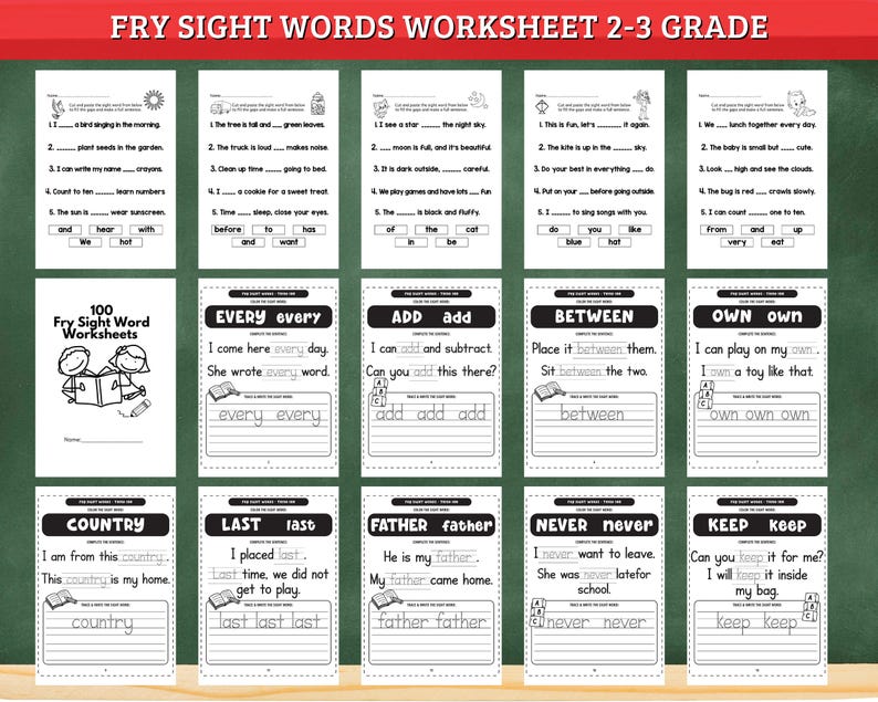 100 Fry Sight Words Worksheets High Frequency Kindergarten CVC ...