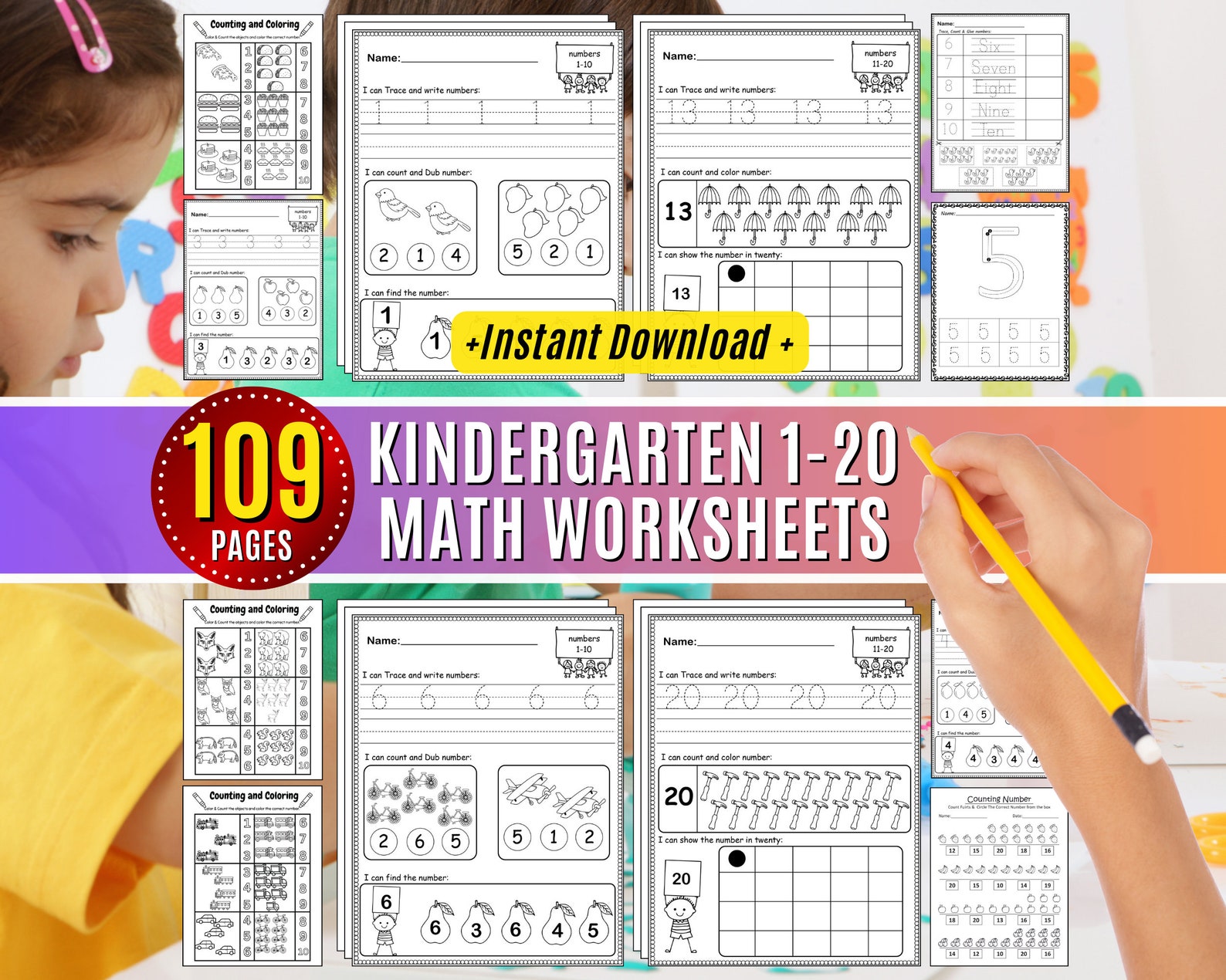 Kindergarten Math Worksheets: Number Tracing & Counting 1-20 (digital ...