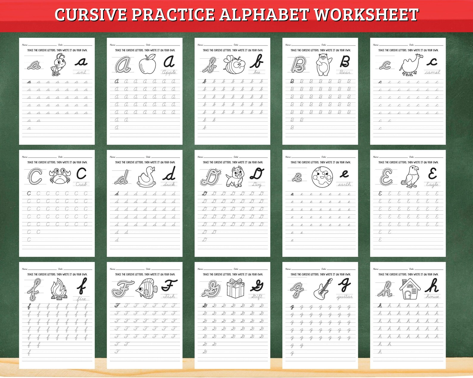 Cursive Writing Worksheets Practice Alphabet Tracing Handwriting ABC ...