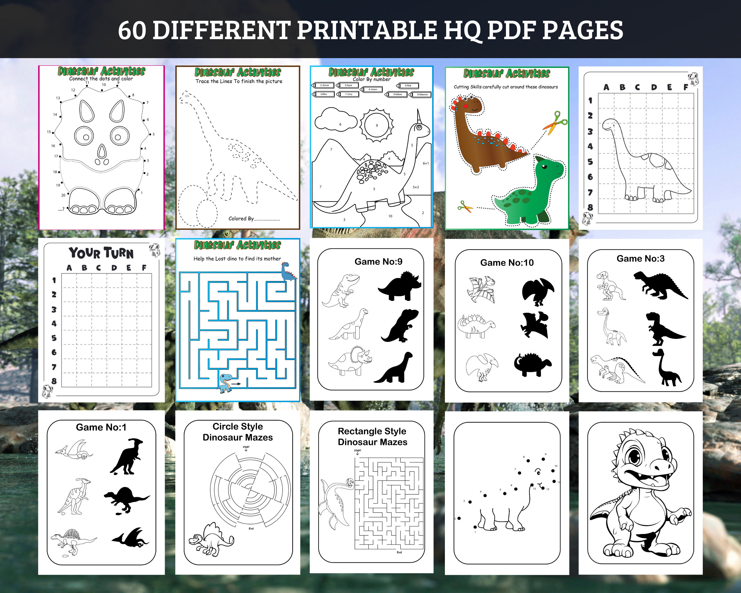 Dinosaur Game Printable Bundle, Dinosaur Activity Pages, Dinosaur ...