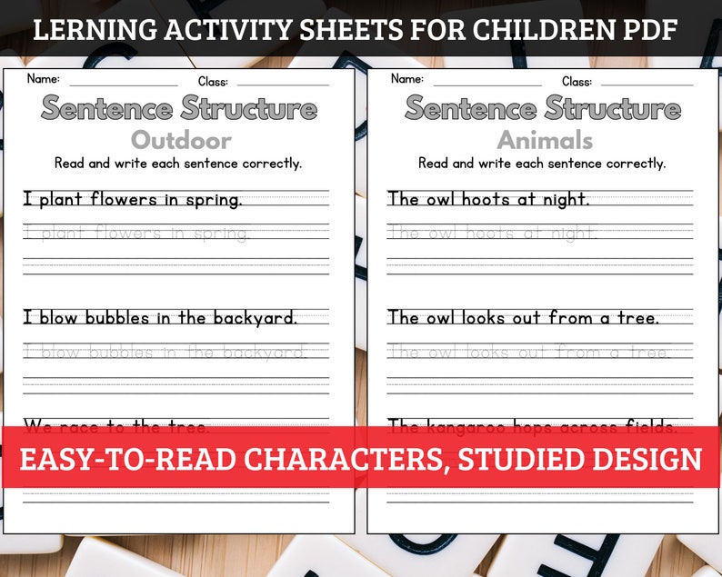 Sentence Tracing Worksheets Structure Writing Penmanship Practice ...