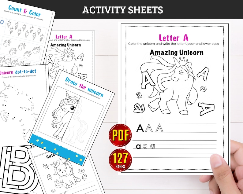 Unicorn Activity Worksheets: Letter, Number Tracing, Coloring (digital ...