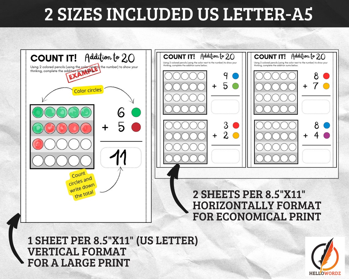 Color and Count Printable Addition to 20 Math Simple Worksheets ...