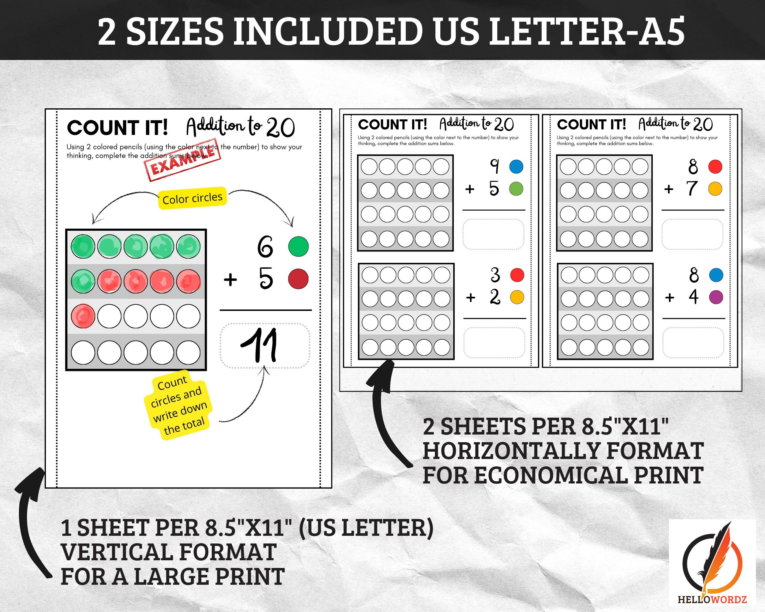 Color and Count Printable Addition to 20 Math Simple Worksheets ...