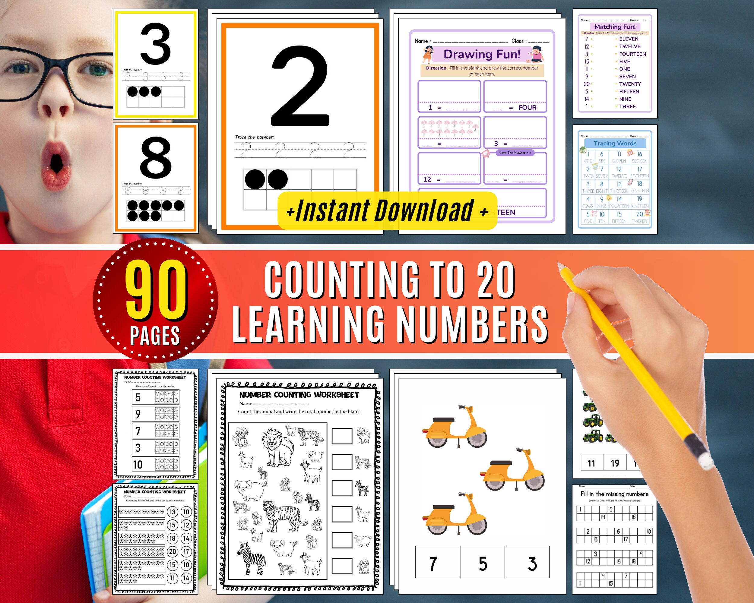 Math Worksheets Kindergarten Counting to 20 Learning Count 1-20 Math ...