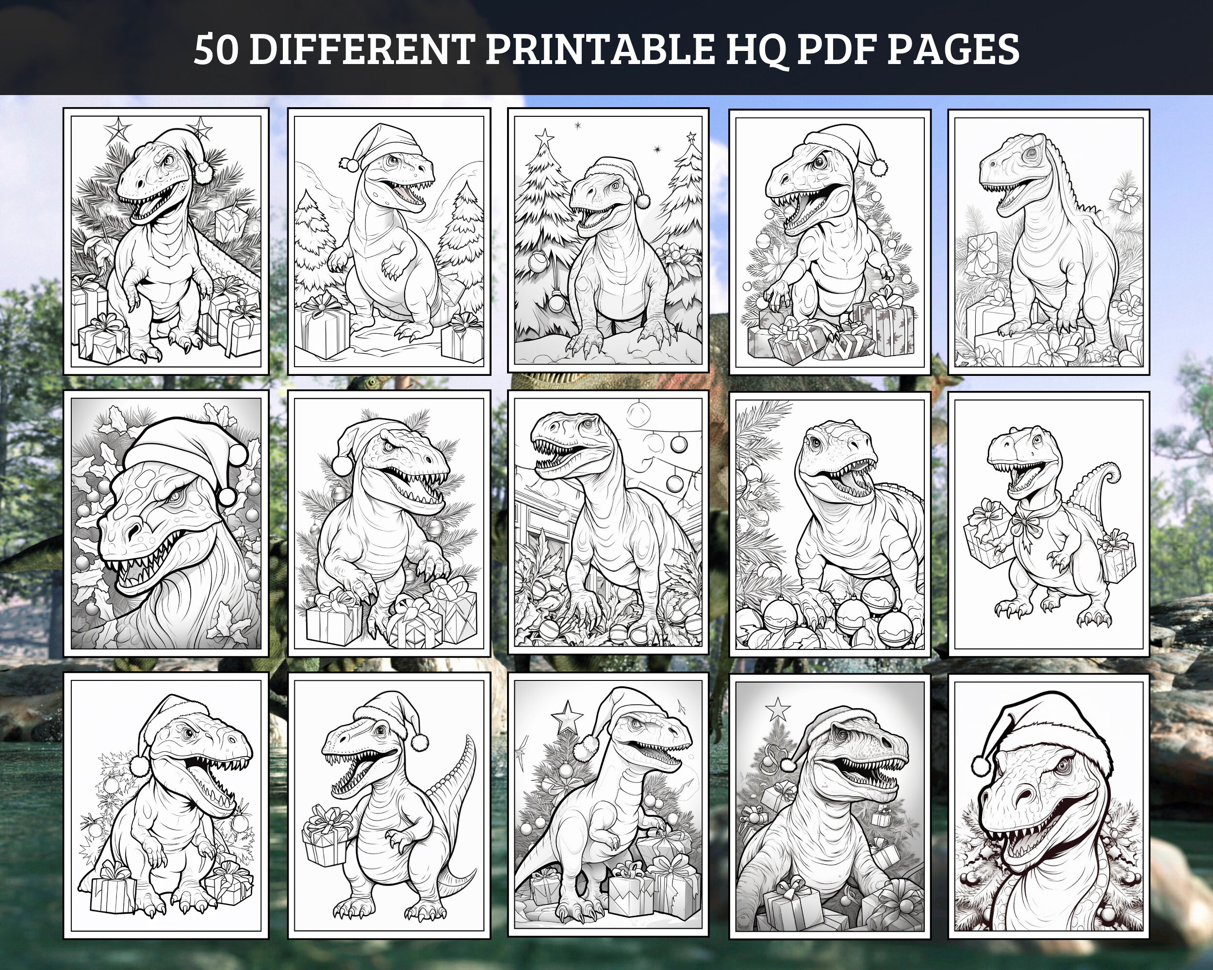 50 Christmas Dinosaur Coloring Pages Sheet Printable for Adult, Dino ...