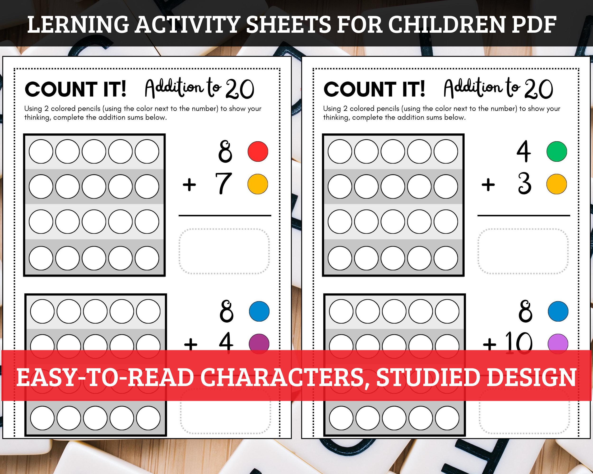 Color and Count Printable Addition to 20 Math Simple Worksheets ...