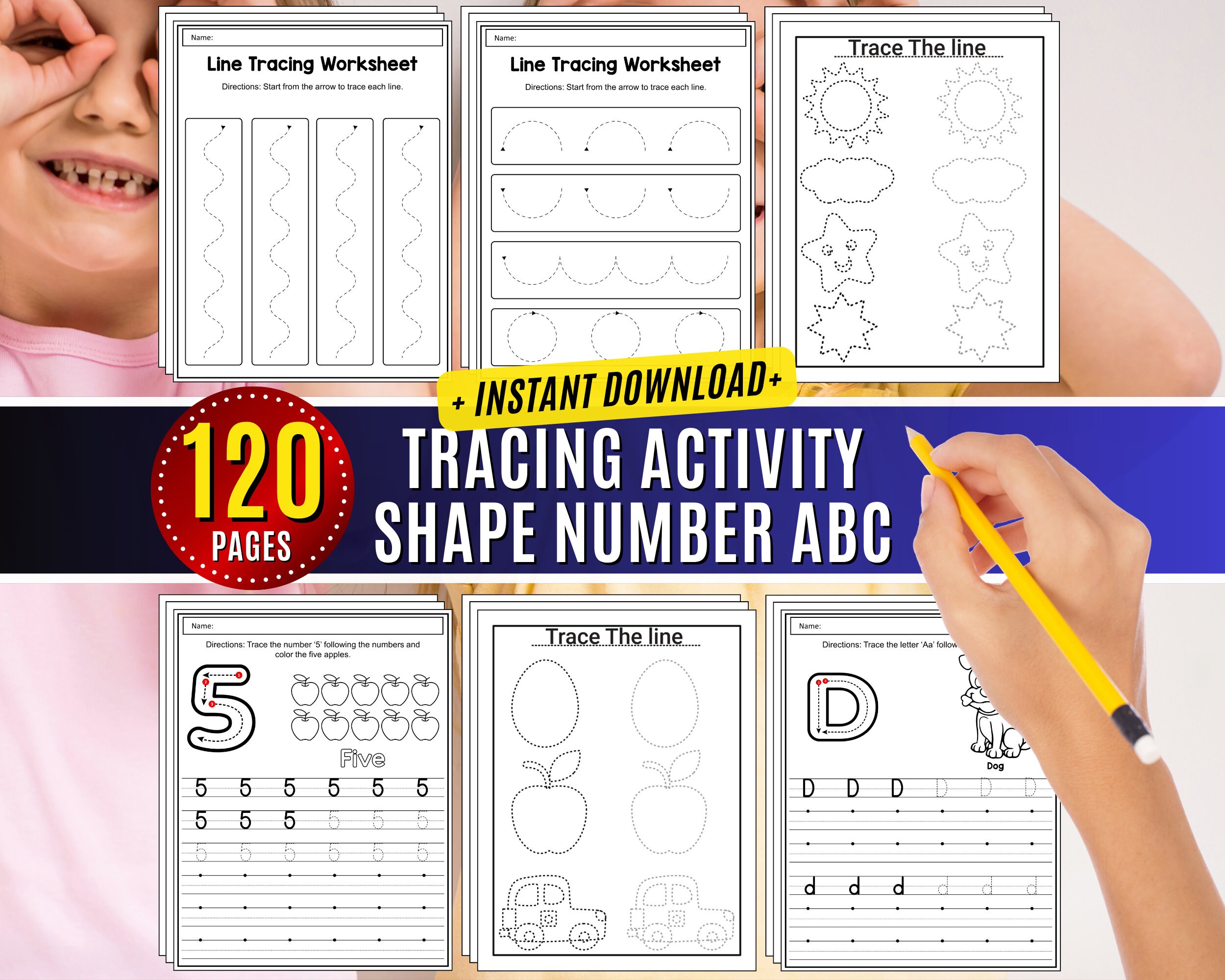 Tracing Worksheets for Kids Line Trace Shape Learning Letters Numbers ...