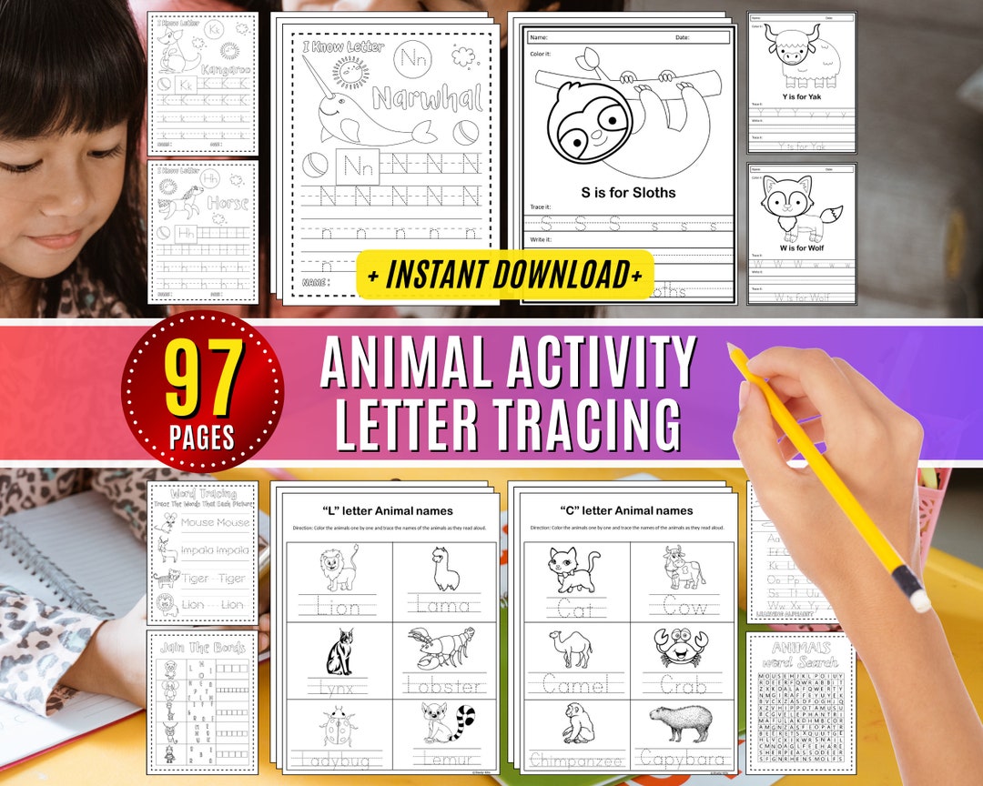 Animal Letter Tracing Activity Alphabet Handwriting Workbook Practice ...