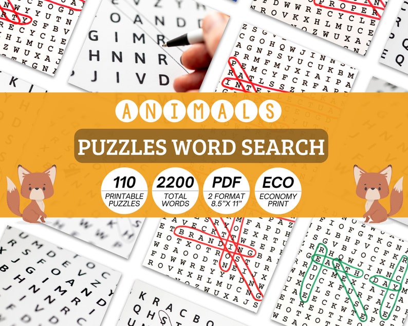 110 Printable Advanced Word Search Puzzle Game for Adults, Animals ...