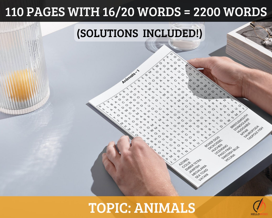 110 Printable Advanced Word Search Puzzle Game for Adults, Animals ...