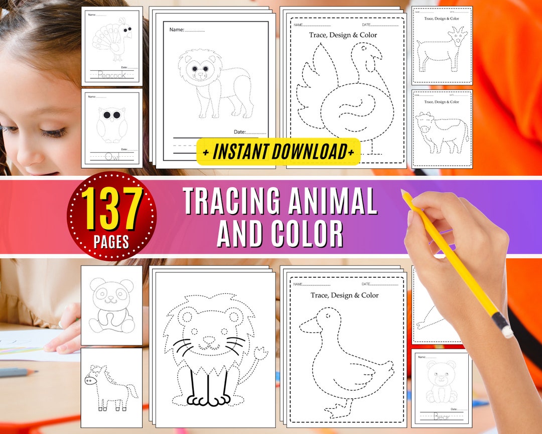 Tracing Worksheets Shape Animal Preschool Trace and Color Book Fine ...
