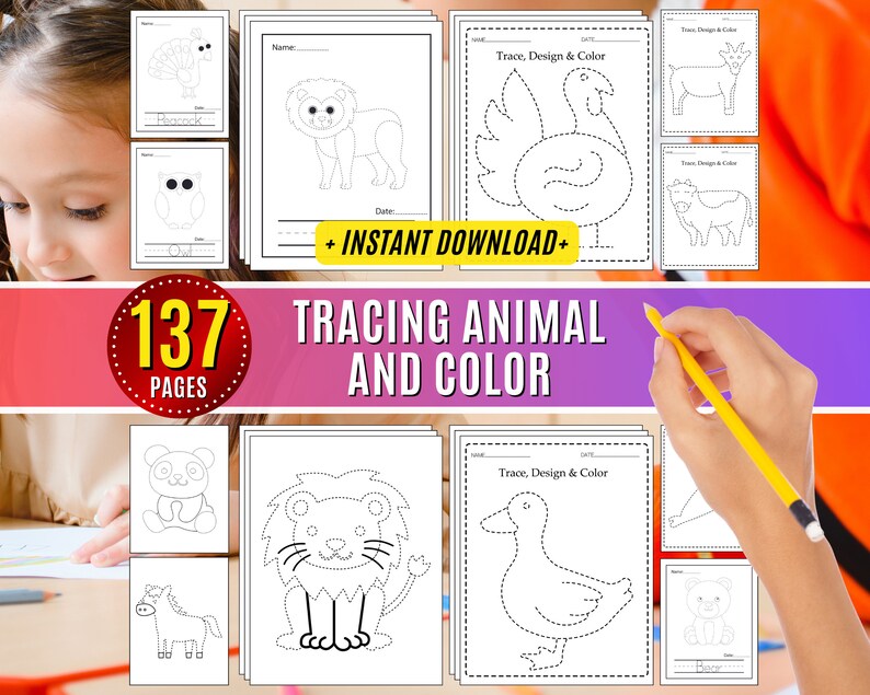 Tracing Worksheets Shape Animal Preschool Trace and Color Book Fine ...