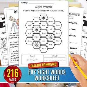 100 Fry Sight Words Worksheets High Frequency Kindergarten CVC ...