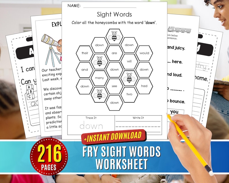 100 Fry Sight Words Worksheets High Frequency Kindergarten CVC ...