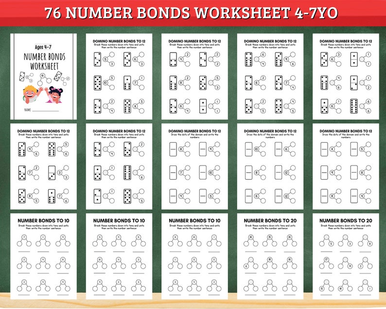 Number Bonds Worksheet Games Addition to 10 Domino 1-20 Ages 4-7 ...