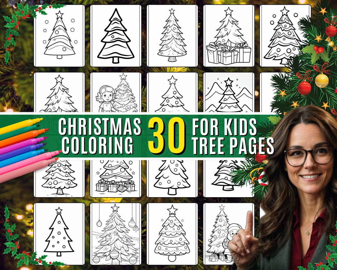 Christmas Tree Coloring Page Sheet for Kids Printable, Set Children ...