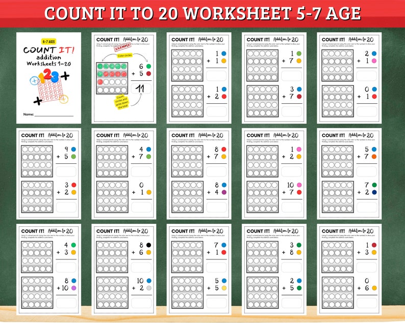 Color and Count Printable Addition to 20 Math Simple Worksheets ...