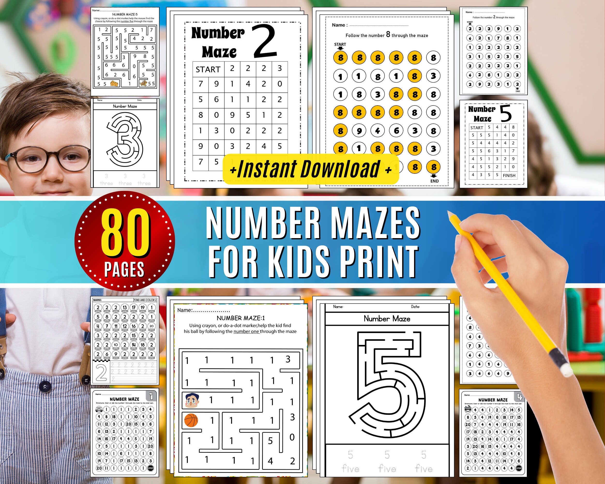 Number Mazes Preschool Math Labyrinth Game Learning Numbers Printable ...