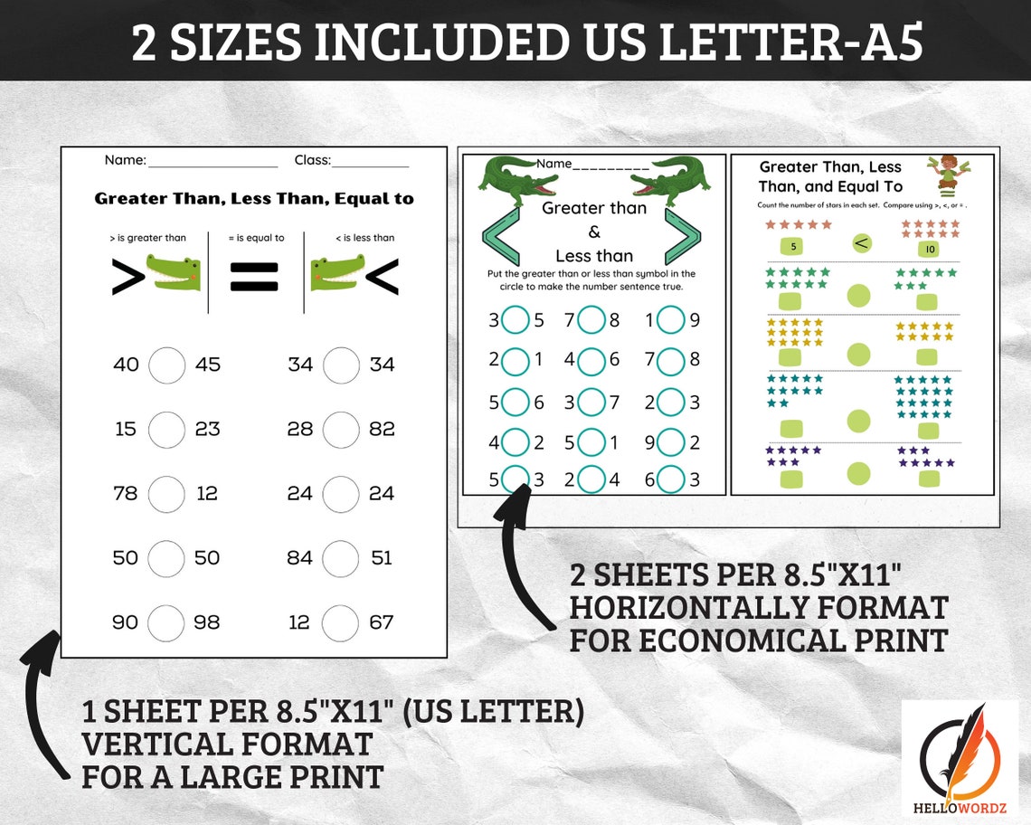 Alligator Math Worksheets: Greater Than, Less Than, Equal to (PDF) - Etsy
