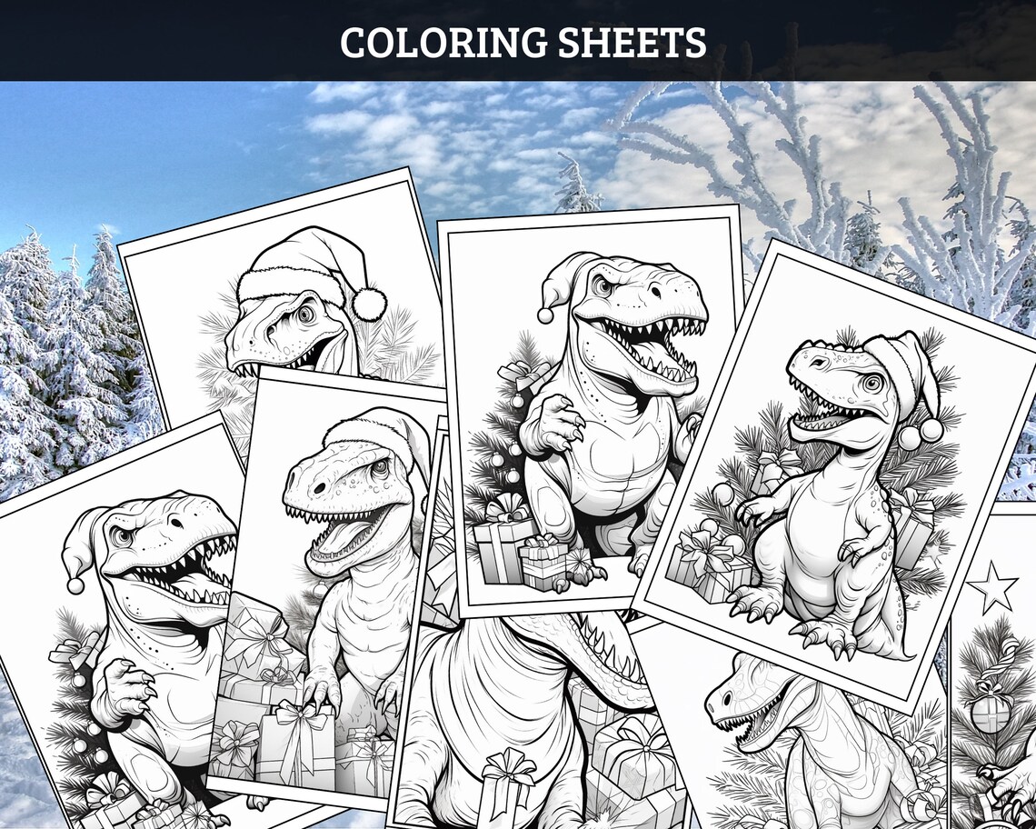 50 Christmas Dinosaur Coloring Pages Sheet Printable for Adult, Dino ...