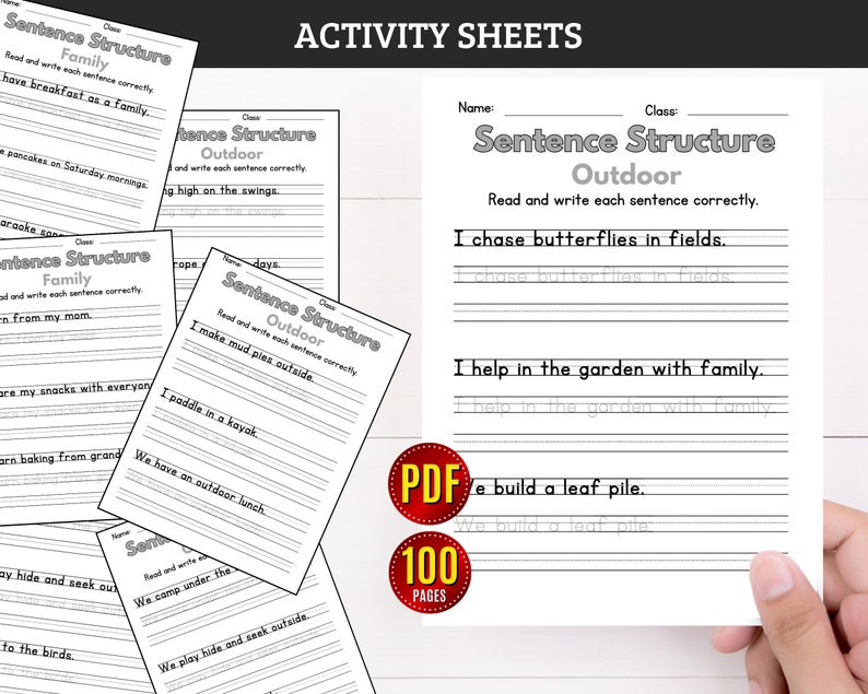 Sentence Tracing Worksheets Structure Writing Penmanship Practice ...