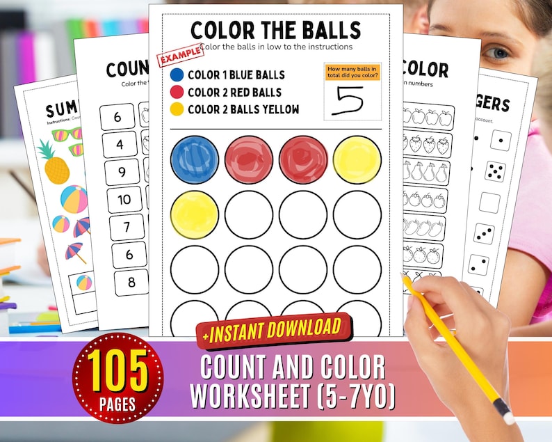 Count and Color Math Worksheet: Number Activities Basic (ages 5-7 ...