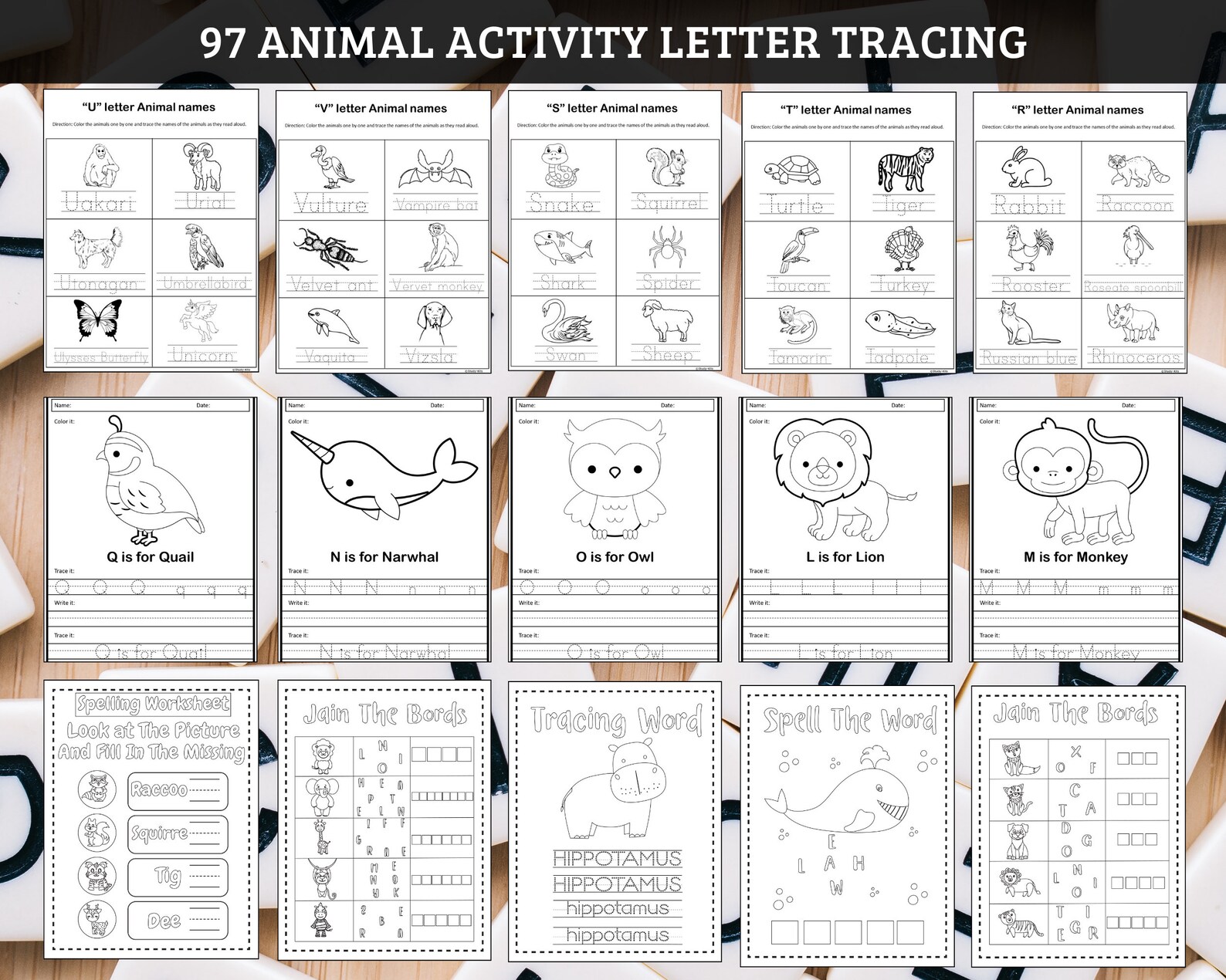 Animal Letter Tracing Activity Alphabet Handwriting Workbook Practice ...